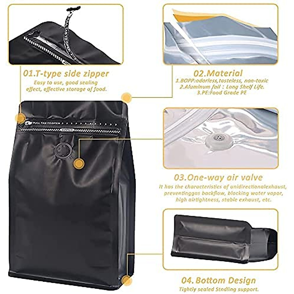 REMTAP Coffee Bags with Valve(50pcs,12 oz,3/4 lb) balck High Barrier Aluminumed Foil Flat Bottom Standing Coffee Beans Storage Bags,Reusable Heat Sealable Side Zipper Pouches for Home or Store