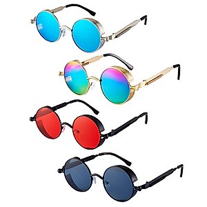 Frienda 4 Pieces Retro Steampunk Sunglasses Vintage Gothic Round Sunglasses Circle Steampunk Glasses for Christmas Women Men (Orange, Black, Blue, Rainbow)