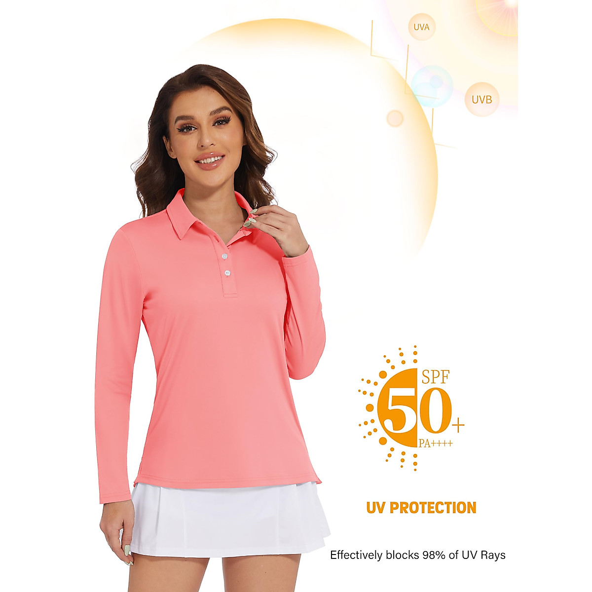 MAGCOMSEN Women's Fishing Polo Shirts Long Sleeve Collared UPF 50+ Quick Dry Performance Rashguard for Women Activewear Pink,M