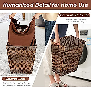 Giantex Laundry Hamper with Lid, Foldable Laundry Basket w/Removable Liner Bag, Handwoven Rattan Clothes Hamper w/Handles Anti-skid Pads for Living Room Laundry (Brown)