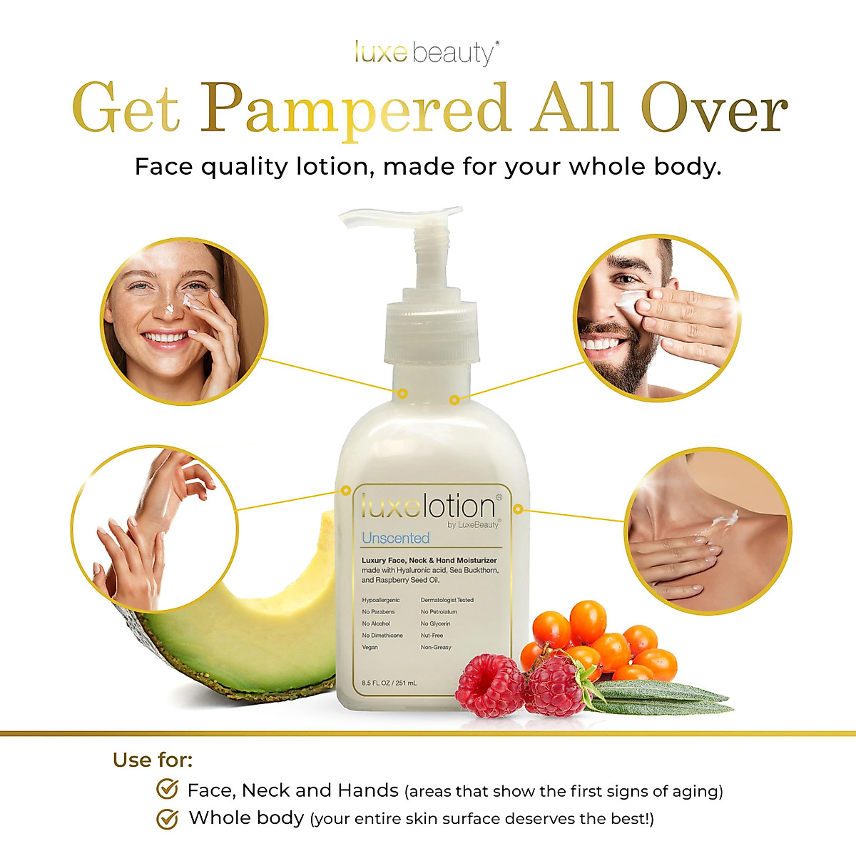 Luxe Beauty: Unscented Luxury Lotion - Anti-Aging Hand & Body Lotion with Hyaluronic Acid - Moisturizing, Lightweight, Non-Greasy Formula for Silky Smooth Skin - Gentle Hand Cream & Body Moisturizer