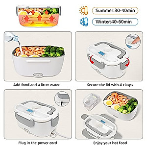 CTSZOOM Heated Lunch Boxes for Adults, 60W Electric Lunch Box Food Heater 3 in 1 for Work Home Truck and Car Leak Proof, 1.5L Removable Stainless Steel Container, 110V/12V/24V Gray
