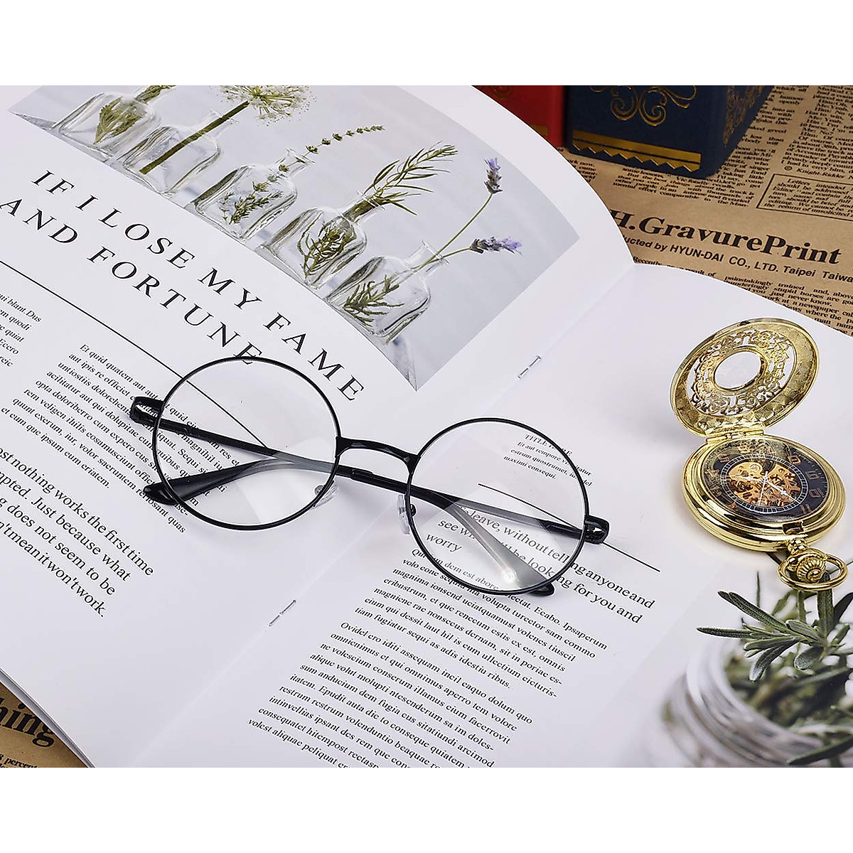 PLAY BLING Large 2" Metal Frame Round Glasses Set of 3 Clear Lens Glasses Lightweight Circle Eyeglasses for Women Men (Clear)