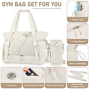 ETRONIK Gym Bag for Women, Yoga Mat Bag with Water Bottle Bag, 40L Weekender Overnight Bag with Shoe Compartment & Wet Pocket, Travel Duffle Bag Women for Yoga, Work, Hospital, Pilates and Gym, Beige