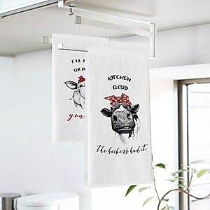 Seliem Funny Farm Cow Kitchen Dish Towel, Kitchen Closed The Heifers Had it I’ll Lick The Dishes You Dry Sign Tea Bar Hand Drying Cloth, Country Farmhouse Fun Animal Decor Home Decorations 18” x 26”