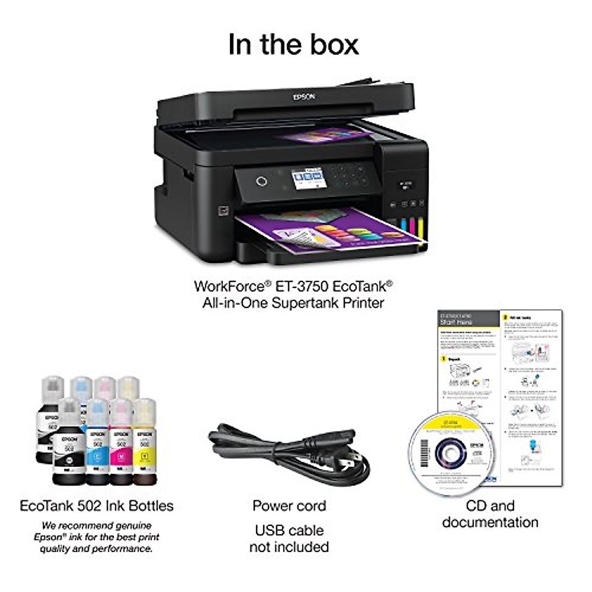 Epson WorkForce ET-3750 EcoTank Wireless Color All-in-One Supertank Printer with Scanner, Copier and Ethernet
