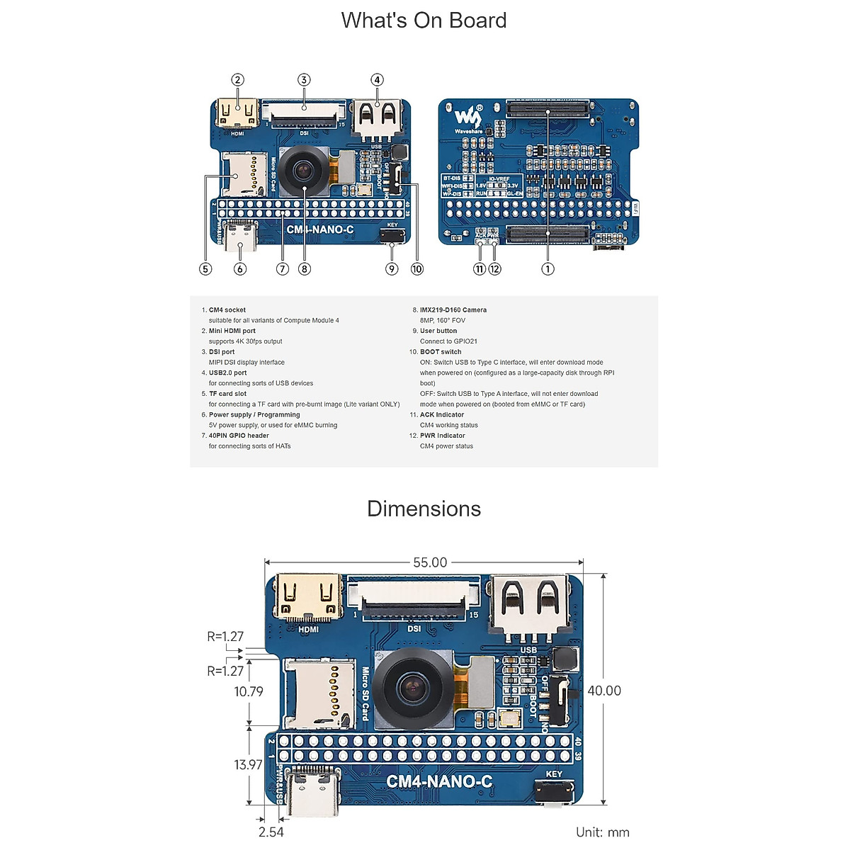 Nano Base Board C Version for Raspberry Pi Compute Module 4 Lite/eMMC (CM4 not Include), with 8MP 160°FOV Camera, Same Size As The CM4