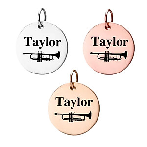 Trumpet Charm, Personalized Engraved Stainless Steel Trumpet Name Charm, DIY, Music Gift for Musicians, Trumpet Players, Marching Band