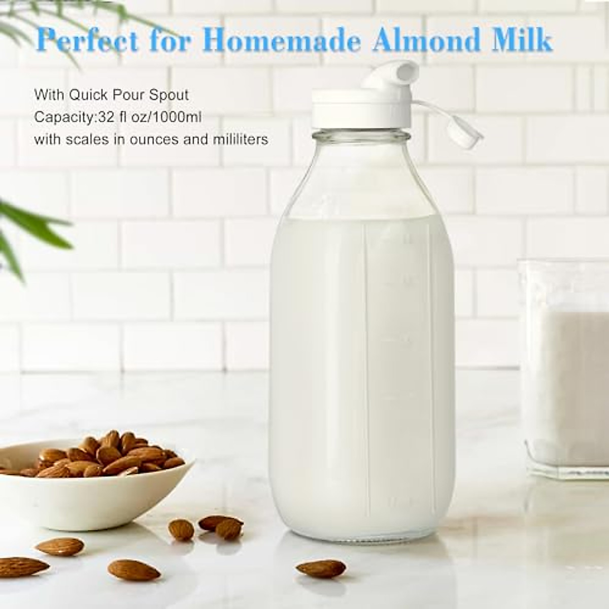 Milk Bottle with Dispenser Cap, 100% Airtight Heavy Duty Screw Lid. 2 Pack 32 Oz Reusable Glass Bottles with 3 Lids! Jug Pitcher, Buttermilk, Water, Juice Bottles w Cap, Syrup, Honey