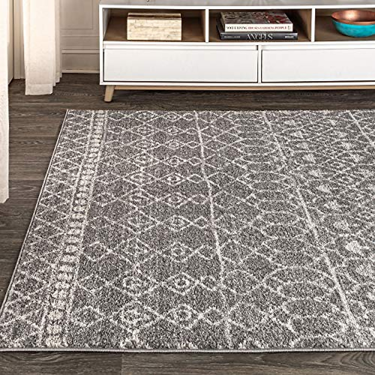 JONATHAN Y MOH209B-8 Izil Moroccan Beni Souk Indoor Farmhouse Area-Rug Bohemian Minimalistic Geometric Easy-Cleaning Bedroom Kitchen Living Room Non Shedding, 8 X 10, Gray,Cream