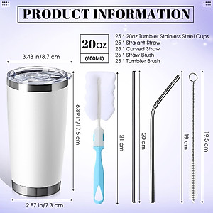 Sieral 25 Pieces 20oz Tumbler Bulk Stainless Steel Cups Double Wall Vacuum Insulated Travel Mug Bulk Stainless Steel Tumblers Lid and Straw Powder Coated Coffee Cups for Cold and Hot Drinks (White)