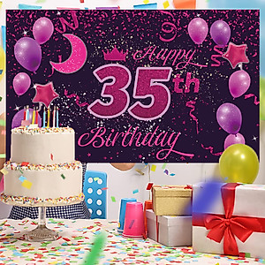 Sweet Happy 35th Birthday Backdrop Banner Poster 35 Birthday Party Decorations 35th Birthday Party Supplies 35th Photo Background for Girls,Boys,Women,Men - Pink Purple 72.8 x 43.3 Inch