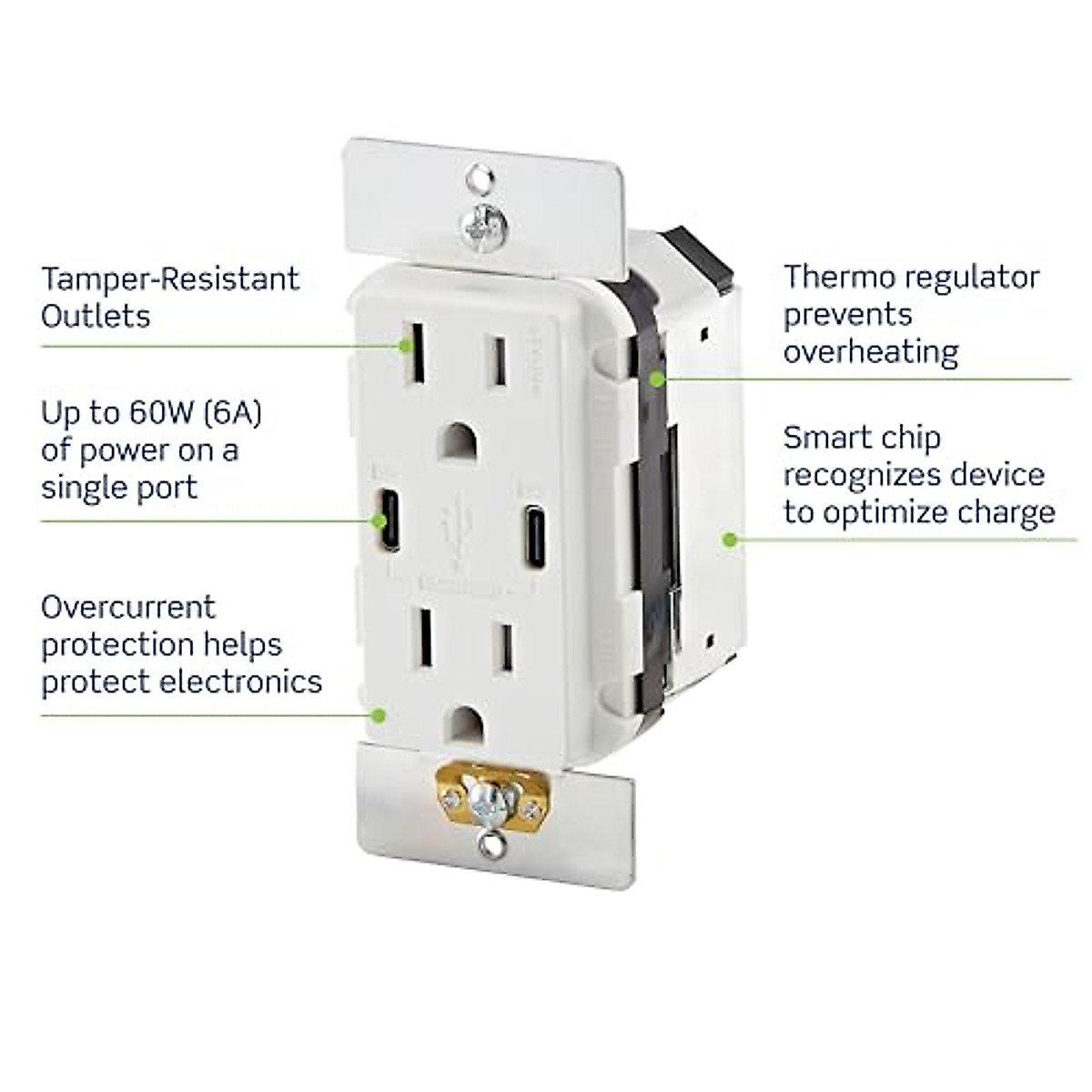 Leviton T5636-W 60W USB Dual Type-C Power Delivery In-Wall Charger with 15A Outlet, USB Charger for Laptops, Smartphones, Tablets, and More, White