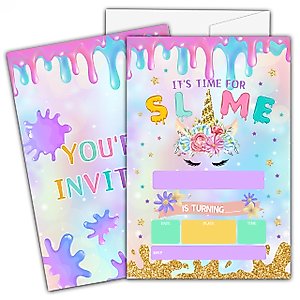 Ycyfckdr Slime Birthday Invitations for Kids, Magic Unicorn Birthday Party Invitation Cards, Gold Glitter Party Celebration Supplies Decoration -20 Fill in Invitations with Envelopes (B14)