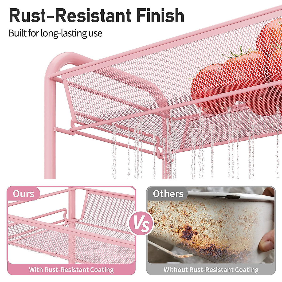 TOOLF 4-Tier Rolling Cart, Metal Utility Cart with 3 Hooks, Easy Assemble Mobile Storage Trolley On Wheels, Slide Out Shelving Units Kitchen Bathroom Laundry Room