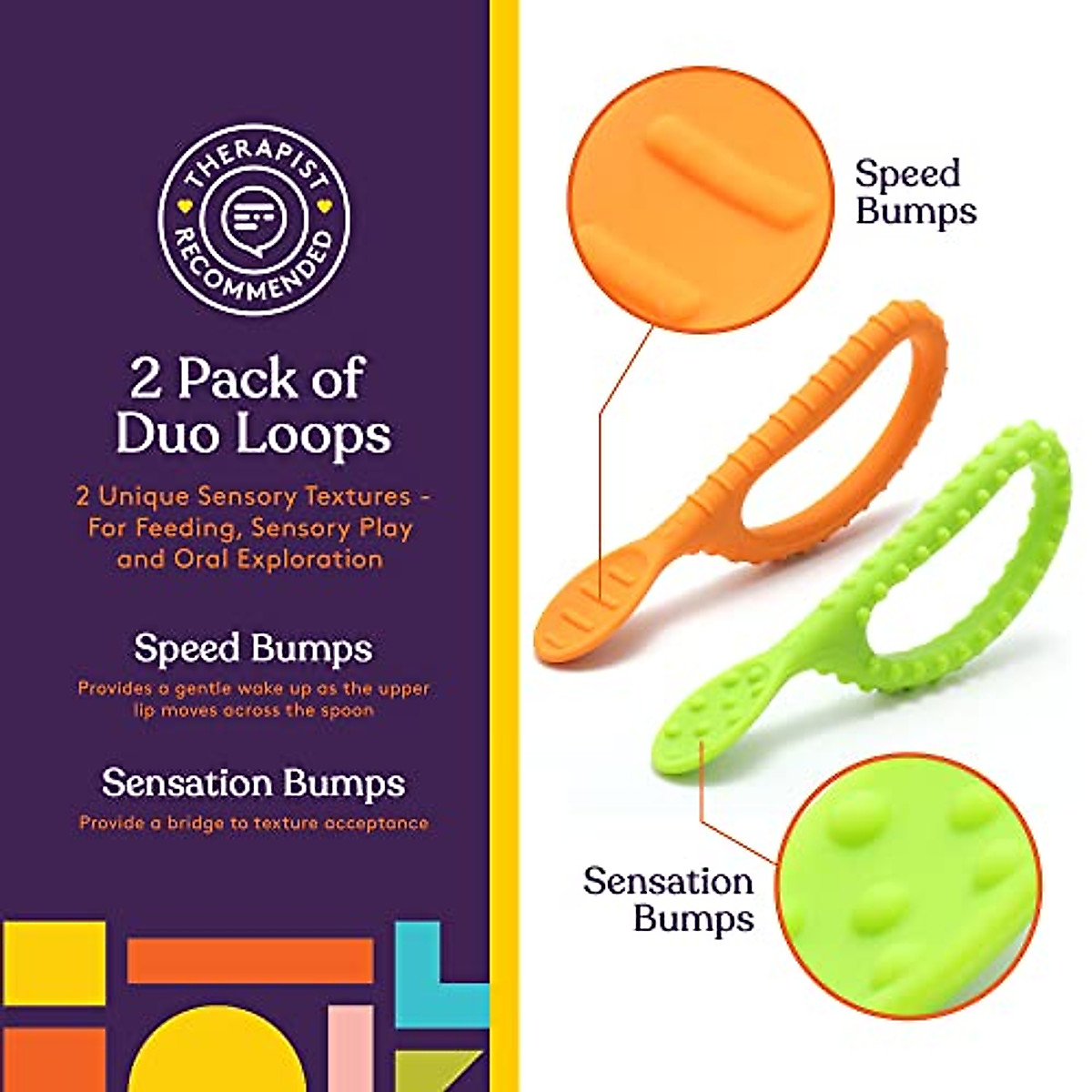 Special Supplies Duo Spoon Loops Oral Motor Therapy Tools, 2 Pack, Textured Stimulation and Sensory Input Treatment for Babies, Toddlers or Kids, BPA Free Silicone with Flexible, Easy Handle