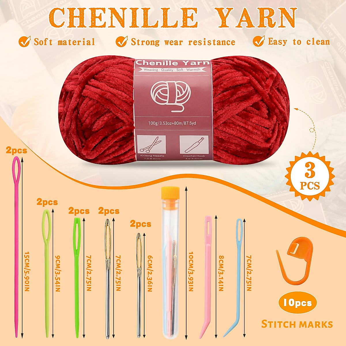 LUNARM Chenille Yarn for Crocheting Knitting, 3 Skein 263 Yard Thick Soft Chunky Fluffy Weaving Plush Yarn for Blankets Clothes Pattern Creations with Big Eye Needles (Dark Red)