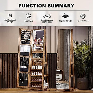 HNEBC LED Light Jewelry Organizer Mirror 360°Rotating, Armoire with Door Mirror, Full Length Cabinet Storage, Large Boxes & Organizers（A Light Brown）