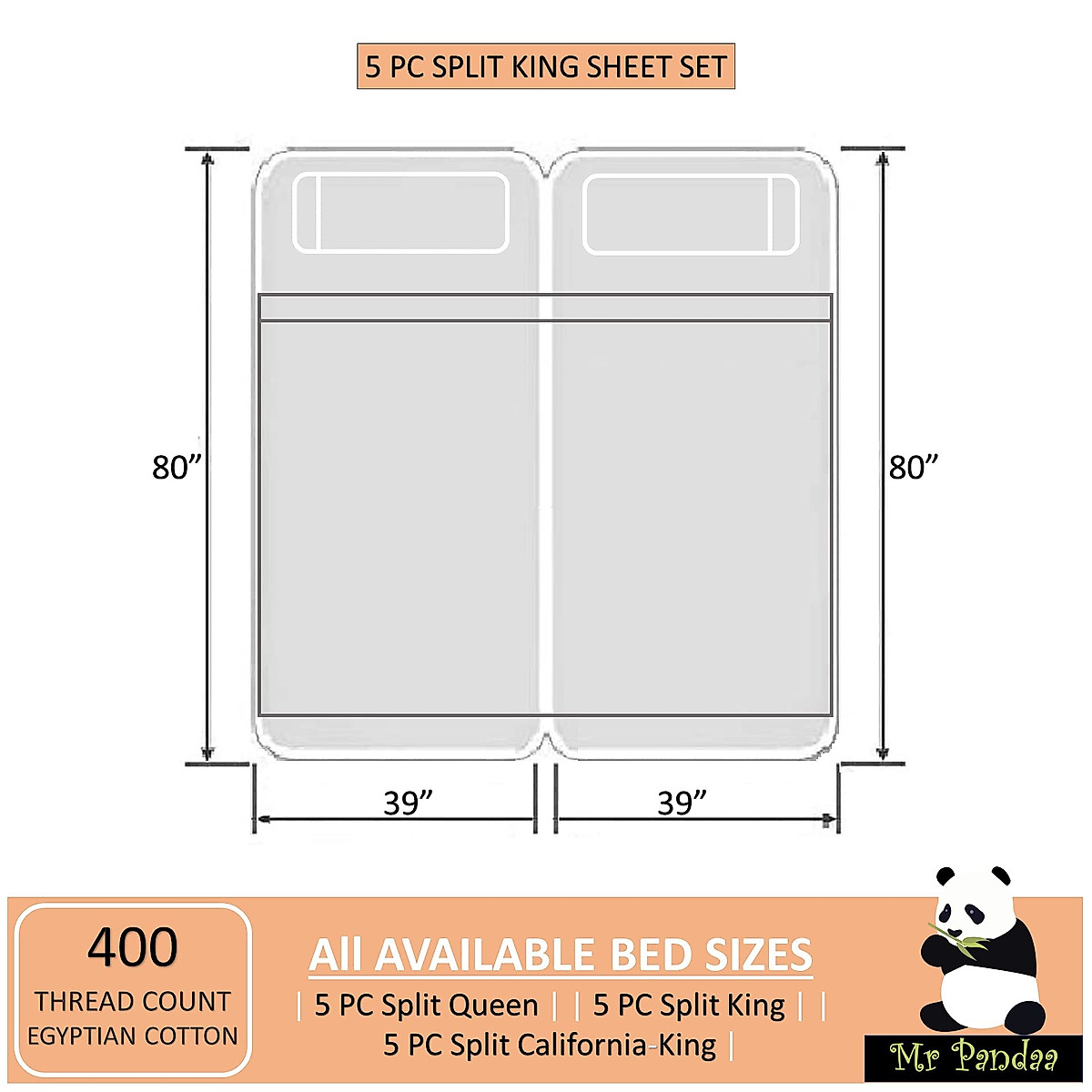 Split King Sheets Sets for Adjustable Bed, Soft 100% Egyptian Cotton 400-Thread-Count, Sateen Weave, 5PC Set with 2 Fitted Sheets, Split-King Sheet Set 25-Inch Deep Pockets, 400-TC - Light Blue Solid