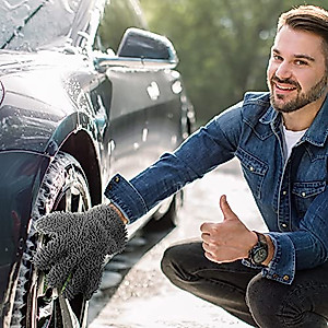 Ferraycle 2 Packs Car Wash Mitt 5 Finger Microfiber Wash Mitts Auto Car Dusting Gloves Double Sided Cleaning Gloves for Kitchen Home(Blue and Black)