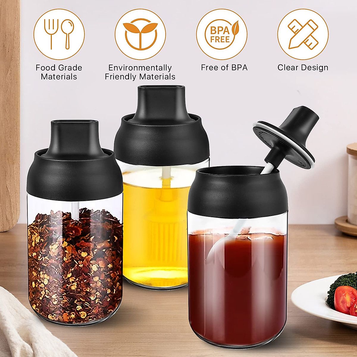 Supkiir 4Pcs Spice Containers Glass, 8 oz Kitchen Spice Glass Bottle, Condiment Jars with Brush and Spoon Transparent Storage Container for Spices Sugar Grains Moisture-Proof Seasoning Jars