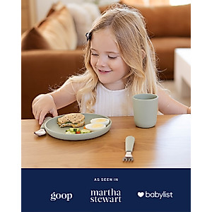 Lalo Big Bites Kids Dinnerware Starter Set - Dishwasher Safe, BPA Free, Kids Tableware Set - Includes Stackable Bowl, Plate, Utensils & Cup - 5 Pieces - Olive