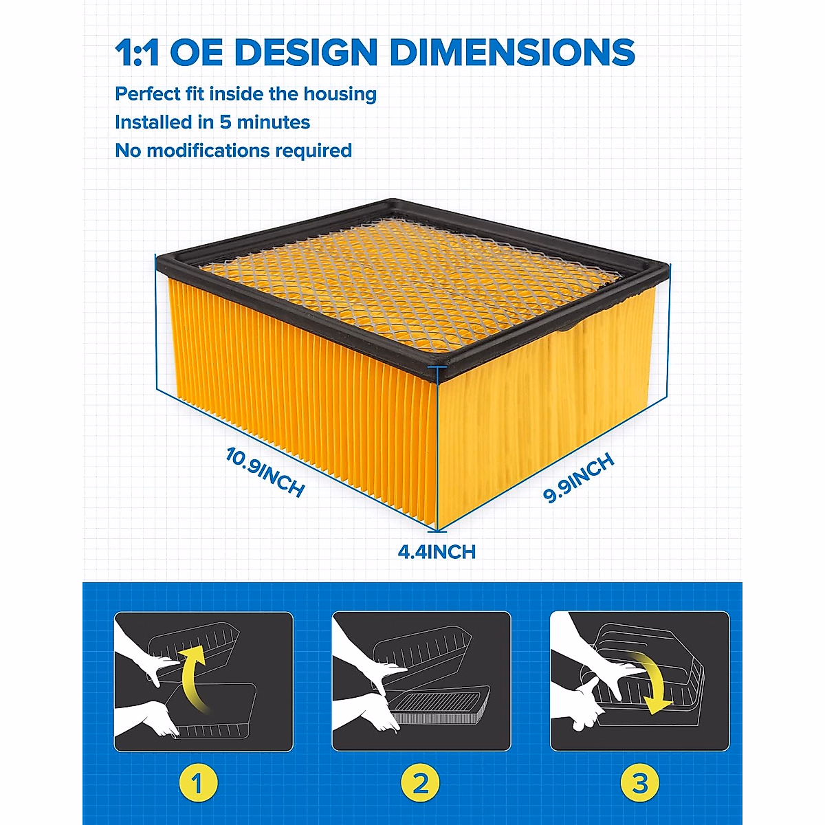 PHILTOP Engine Air Filter CA10261 Fits for Dodge and Ram Vehicles - 6.7L Diesel V8 Trucks - 2007-2023 - Ram 2500, 3500, 4500, 5500, Flexible Panel