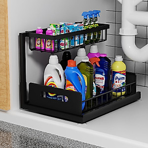 2-Tier Under Sink Slide Out Organizer, Pull Out Cabinet Storage Shelf with Sliding Storage Wire Basket Drawer for Bathroom Kitchen, Countertop or Pantry Storage shelf, Black