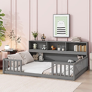 Harper & Bright Designs Full Size Floor Bed with Bedside Bookcase, Shelves, Guardrails, Wood Montessori Bed with Storage, Grey