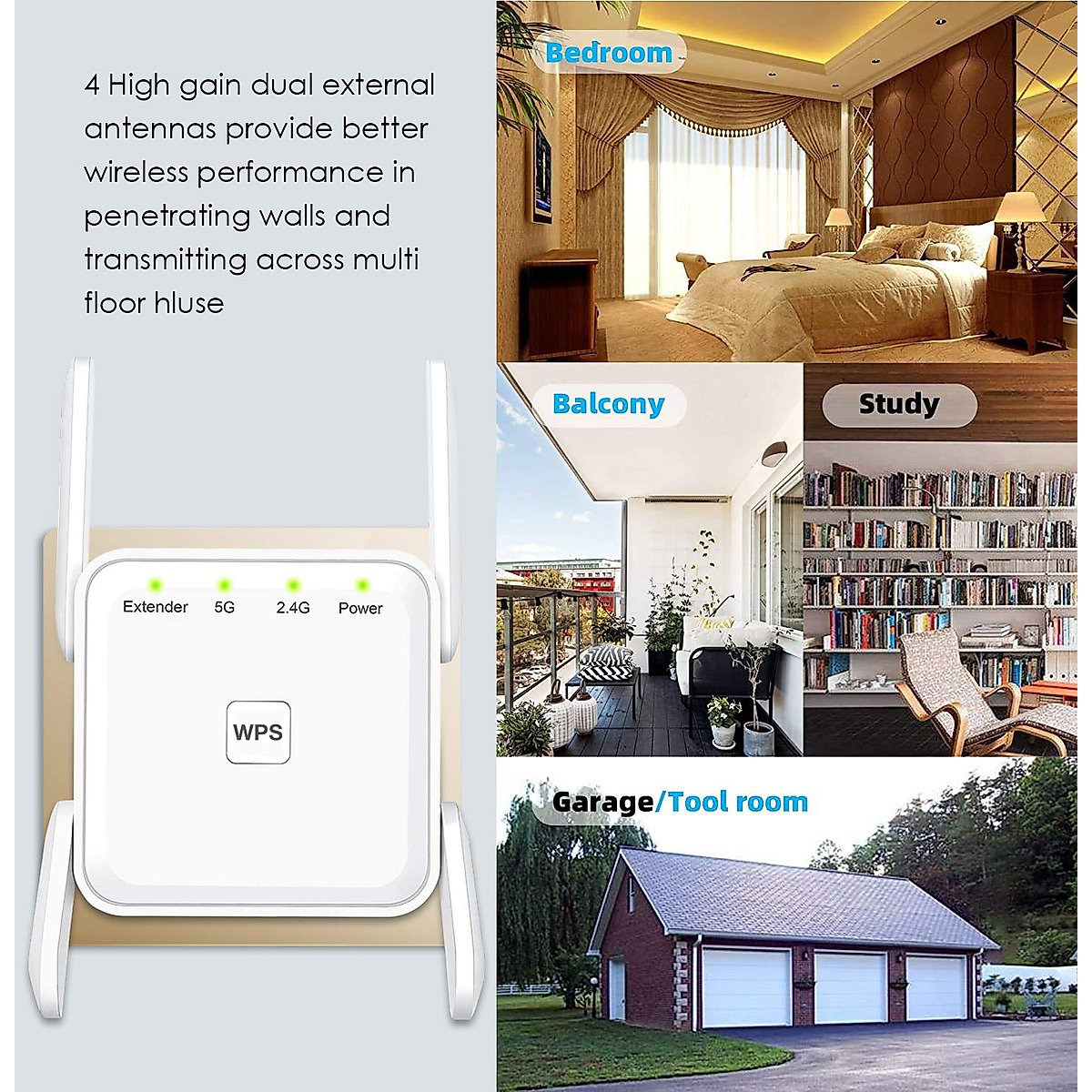 WiFi Range Extender, 1200Mbps WiFi Range Extender Wireless Signal Repeater Booster, Dual Band 2.4G and 5G Expander, 4 Antennas 360° Full Coverage, Extend WiFi Signal to Smart Home Devices（1200M）