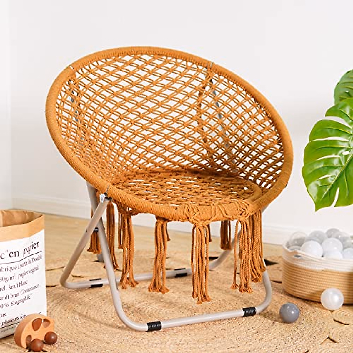 PASAMIC Boho Chair with Folding Metal Frame, 100% Cotton Handmade Round Cozy Chairs, Exquisite Comfy Chair for Bedroom, Living Room Décor Coffee