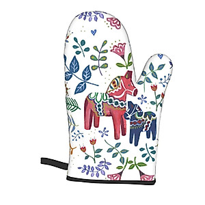 Floral Swedish Dala Horse Oven Mitts and Pot Holders Sets Kitchen Oven Gloves BBQ Gloves Pot Holders for Cooking Baking
