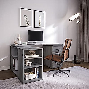 BELLEZE L Shaped Computer Desk, 60” Study Writing Table Home Office Desk Morden Corner Workstation Setup with Adjustable Storage Shelves and 3 Drawers, Gray Wash