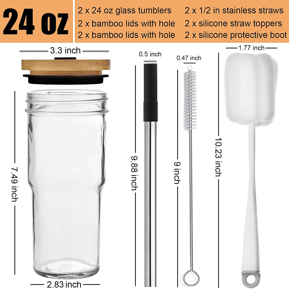 ALINK Glass Cups with Lids and Straws, 24 oz Mason Jar Drinking Glasses Tumbler with Silicone Boot, Tips, Brush, Reusable Iced Coffee Cups, Boba Tea Smoothie Cups - 2 Black