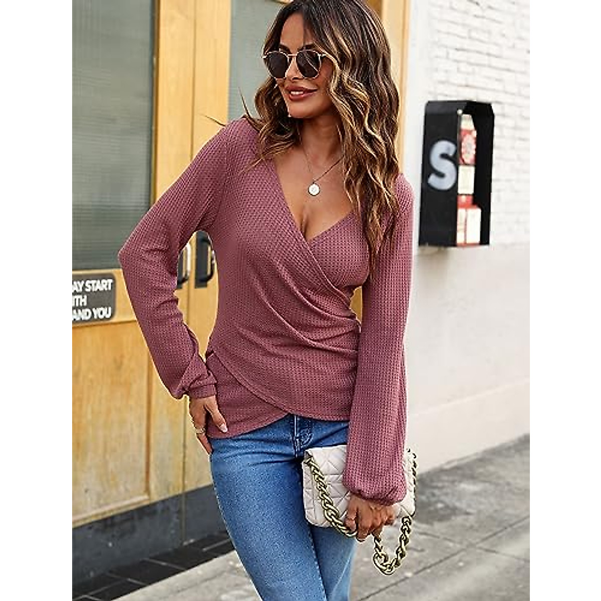 Prettywear Women's Long Sleeve Wrap Tops Sexy Casual Waffle Knit V Neck Shirts Solid Color Ruched Tunic Top Blouses Slim fit 2024 Fall Misty Rose