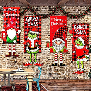 Christmas Decorations-Hanging Xmas Ornaments,Buffalo Plaid Christmas Door Decorations 4PCS,Xmas Banner Flag Sign for Porch Window Wall Mantle Party Yard,45x18IN