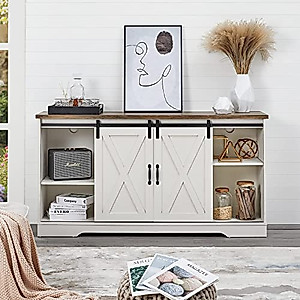 Amerlife Fireplace TV Stand Sliding Barn Door Wood Entertainment Center with a 23'' Electric Fireplace Insert, Modern Farmhouse Storage Cabinet Console for TVs Up to 65", Distressed White & Barnwood