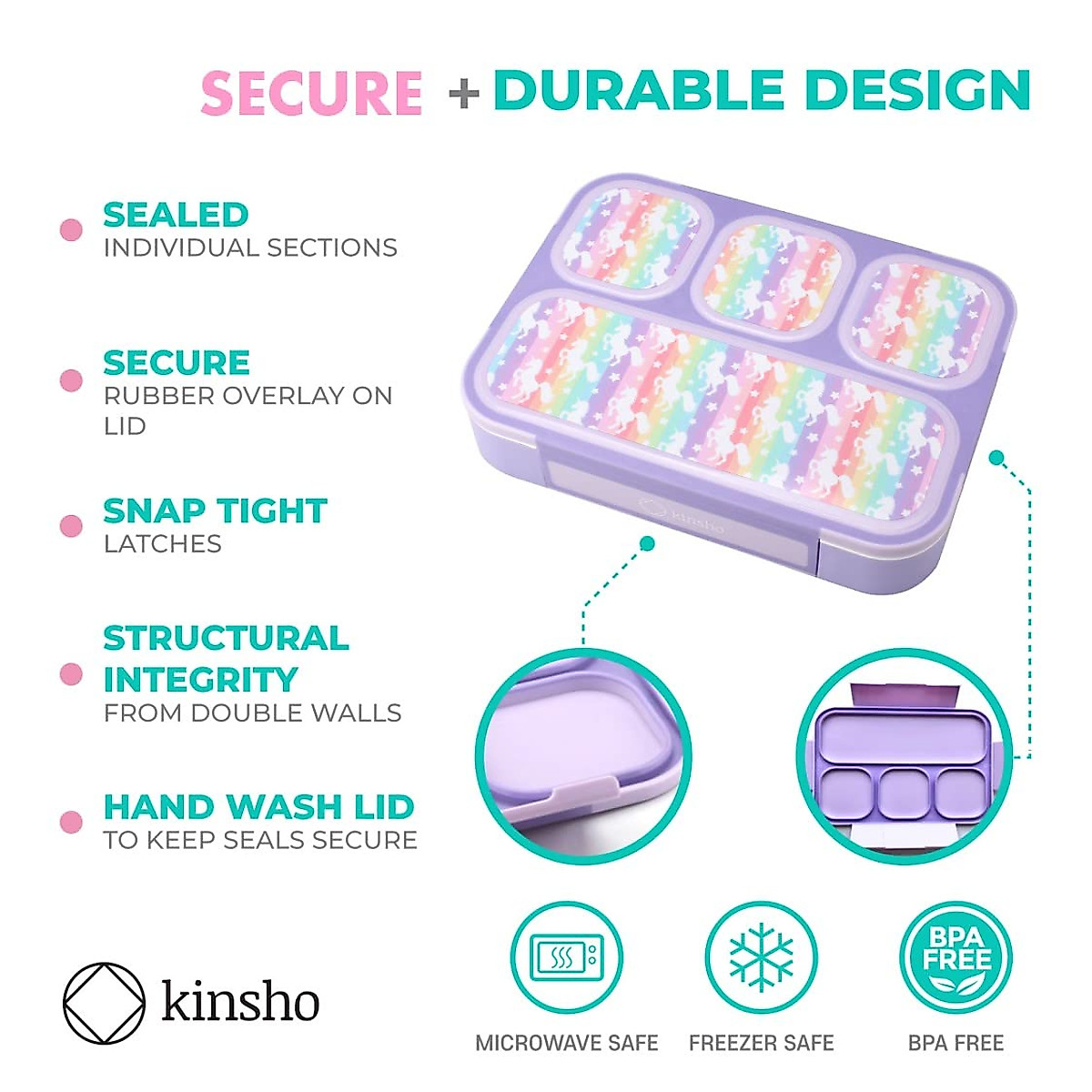 Unicorn Bento Lunch Box for Girls, Kids | Snack Containers with 4 Compartment Dividers, Boxes for Toddlers Pre-School Daycare Tween Lunches BPA Free, Food and Microwave Safe | Purple Rainbow Unicornio