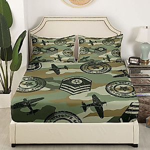 Kids Camo Airplane Bed Sheet Set Camouflage Airplane Decor Bedding Sheets for Teens Boys Military Aircraft Bedding Fitted Sheet Novelty Modern Army Green Bed Cover Bedroom Collection 2Pcs Twin Size