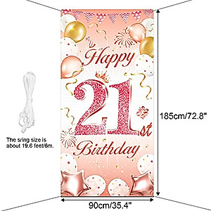 DPKOW Rose Gold 21st Birthday Party Decoration for Woman, Rose Gold 21st Birthday Banner for Backdrop Door Decoration,21st Birthday Background Banner for Garden Wall Decoration, 185 x 90cm Fabric