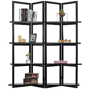 MyGift 4-Panel Open Bookcase Black Wood Room Divider with 4 Shelves