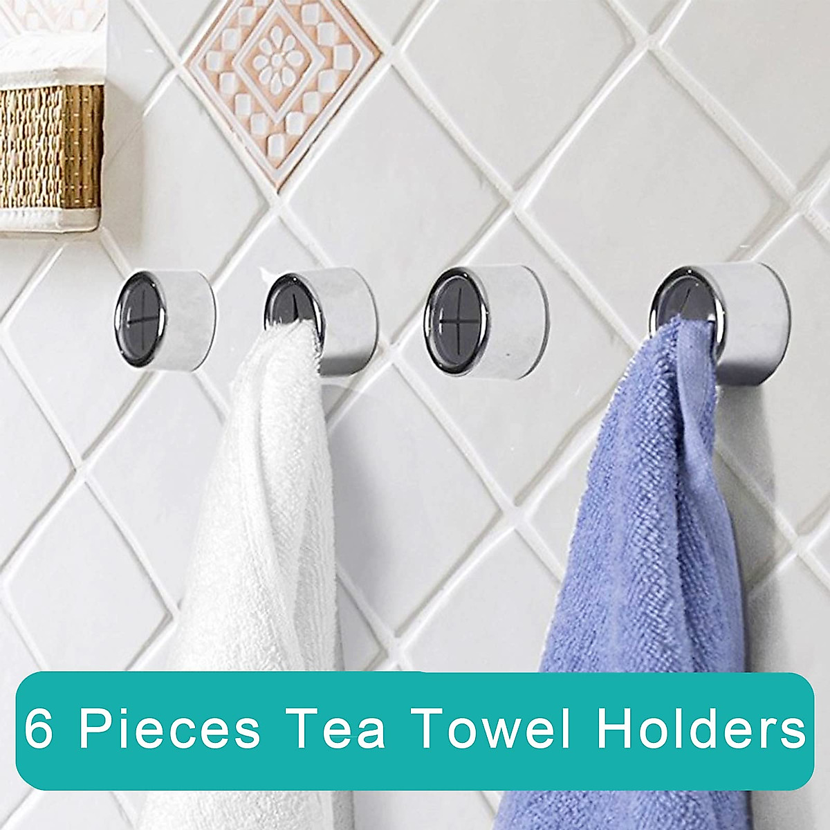 THSIREE 6pcs Push Hooks for Towel, Self-Adhesive Kitchen Towel Holder, Round Wall & Door Mounted Towel Hooks for Kitchen Cabinet Bathroom Home for Hanging Dish Rag Rack Hook No Drilling Required