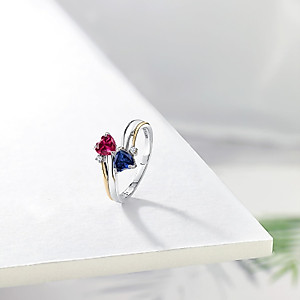 Gem Stone King 925 Silver and 10K Yellow Gold Red Created Ruby Blue Created Sapphire and Lab Grown Diamond 2 Heart Promise Couple Engagement Mother Ring (1.12 Cttw, Available In Size 5, 6, 7, 8, 9)