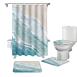PakiInno Shower Curtain Sets 4 Piece Bathroom Decor Sets with Rugs, Ocean Beach Dreamy Gradient Minimalist Abstract Art Illustration Waterproof Shower Curtain Non-Slip Rug with Hooks for Tub-