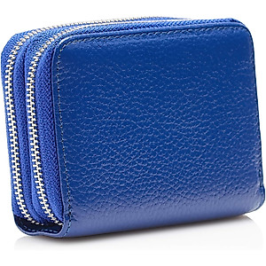 KALMORE Women's Leather RFID Secured Spacious Cute Card Wallet Small Purse, Blue, Two Zippers