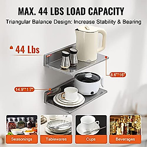 VEVOR 8.6" x 16" Stainless Steel Shelf, Wall Mounted Floating Shelving with Backsplash, 44 lbs Load Capacity Commercial Shelves, Heavy Duty Storage Rack for Restaurant, Kitchen, Bar, Home, and Hotel