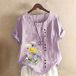 Cotton Linen Tops for Women Short Sleeve Flower Graphic Print Crewneck Vintage Blouse Shirts Tops Loose Fit Tunic Tee