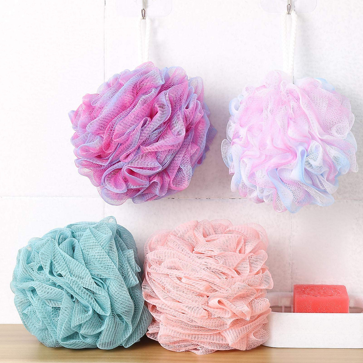 BTYMS 4 Pieces Shower Loofahs Exfoliating Sponge Body Scrubber 75g/pc Bath Puffs Shower Scrunchies Bathing Sponges for Women and Men