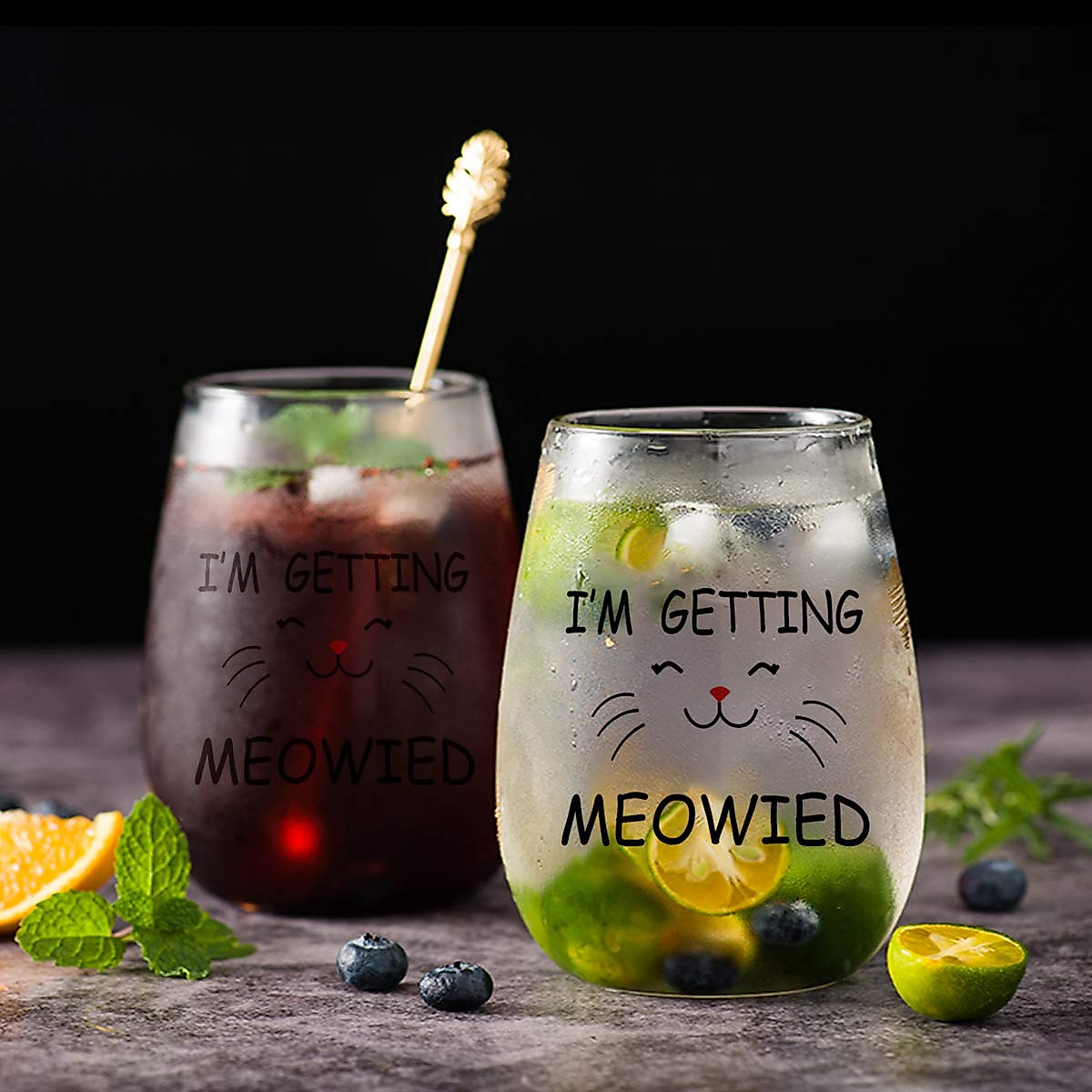 I'm Getting Meowied Funny Wine Glasses, Engagement Gift Wedding Gift or Bridal Shower Gift for Her Fiancee Bride Cat Lovers, Set of 2 Funny Stemless Wine Glasses, 15 Oz