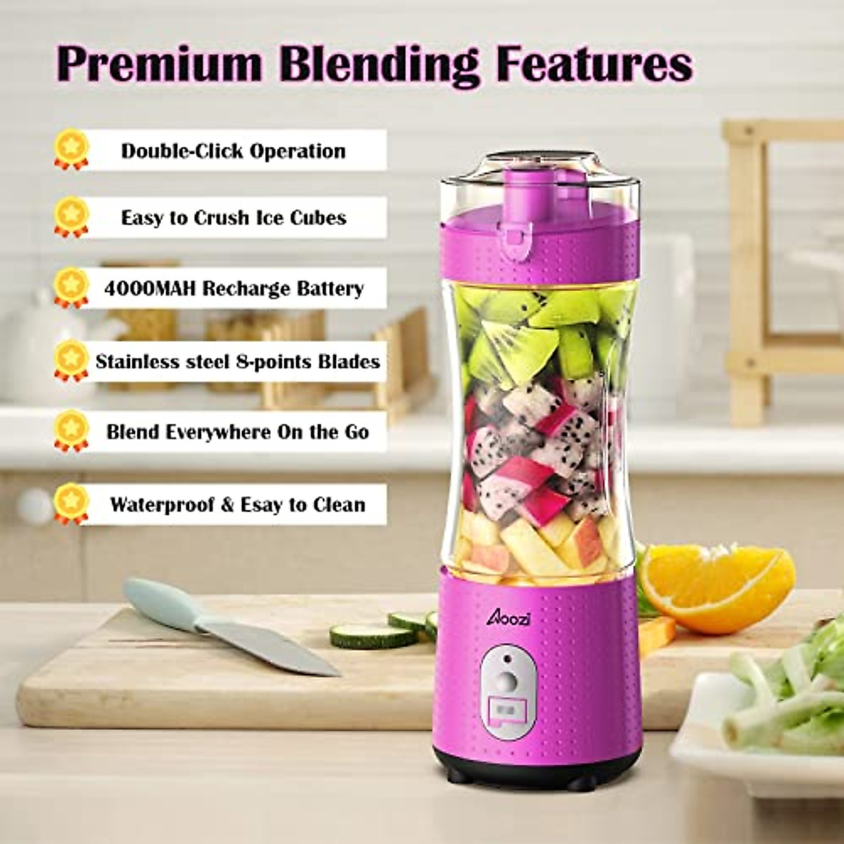 Personal Size Blender Smoothies and Shakes, Aoozi Portable Blenders, Mini Blender USB Rechargeable, Handheld Blender Sports,Travel and Home (Rasberry)